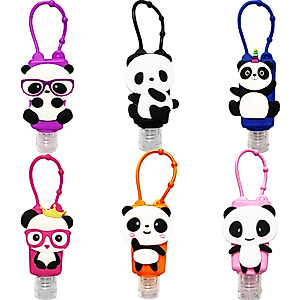 VHOPMORE 6Pcs Kids Portable Empty Travel Bottles Hand Sanitizer Holder Cute Panda 1 oz Leak Proof Refillable Plastic Bottles Travel Containers with Detachable Silicone Case for Liquid Soap, Lotion