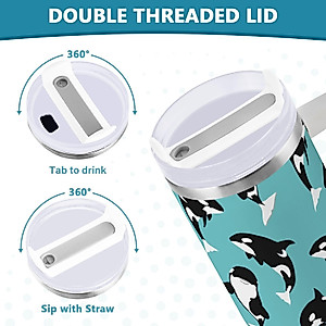 KEEPREAL 40 oz Killer Whale Pattern Tumbler with Handle, Insulated Sports Water Bottle with Lid and Straw, Thermal Stainless Steel Travel Coffee Mug Cup