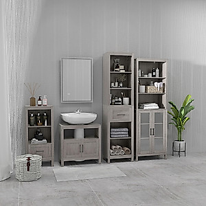 kleankin Pedestal Sink Storage Cabinet, Bathroom Under Sink Cabinet with 2 Doors and Open Shelf, Bathroom Vanity, Space Saver Organizer, Grey