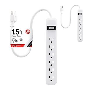 GE 6-Outlet Power Strip, 2 Pack, 1.5 Ft Extension Cord, Heavy Duty Plug, Grounded, Integrated Circuit Breaker, 3-Prong, Wall Mount, UL Listed, White, 14833