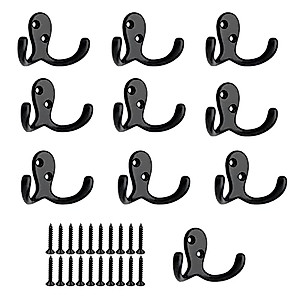 GDFYMI Coat Hooks Hardware, Double Hooks for Hanging Coats Wall Mounted Towel Hooks with Screws (Black,10 Pcs)