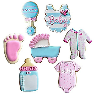 Ann Clark Cookie Cutters 7-Piece Baby Shower Cookie Cutter Set with Recipe Booklet, Onesie, Bib, Rattle, Bottle, Carriage, Foot and Footie PJs