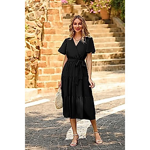 PRETTYGARDEN Summer Dresses for Women 2023 V Neck Wrap Short Sleeve Boho Midi Dress Tie Waist A Line Beach Sun Dresses (Black, Medium)