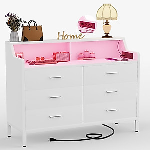 Hyomdeck 6 Drawer Dresser for Bedroom, Wooden Chest of Drawers with Power Outlets and Smart LED Light, Sturdy Modern Bedroom Furniture, Wide Storage Dresser for Living Room, Closet, Entryway, White
