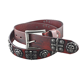 vogueteen Mens Goth Skull Cross Vintage Red Genuine Leather Belt Biker Rock One Size