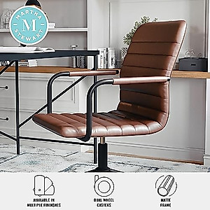 Martha Stewart Taytum Swivel Task Chair with Armrests for Home Office in Saddle Brown Faux Leather with Oil Rubbed Bronze Frame