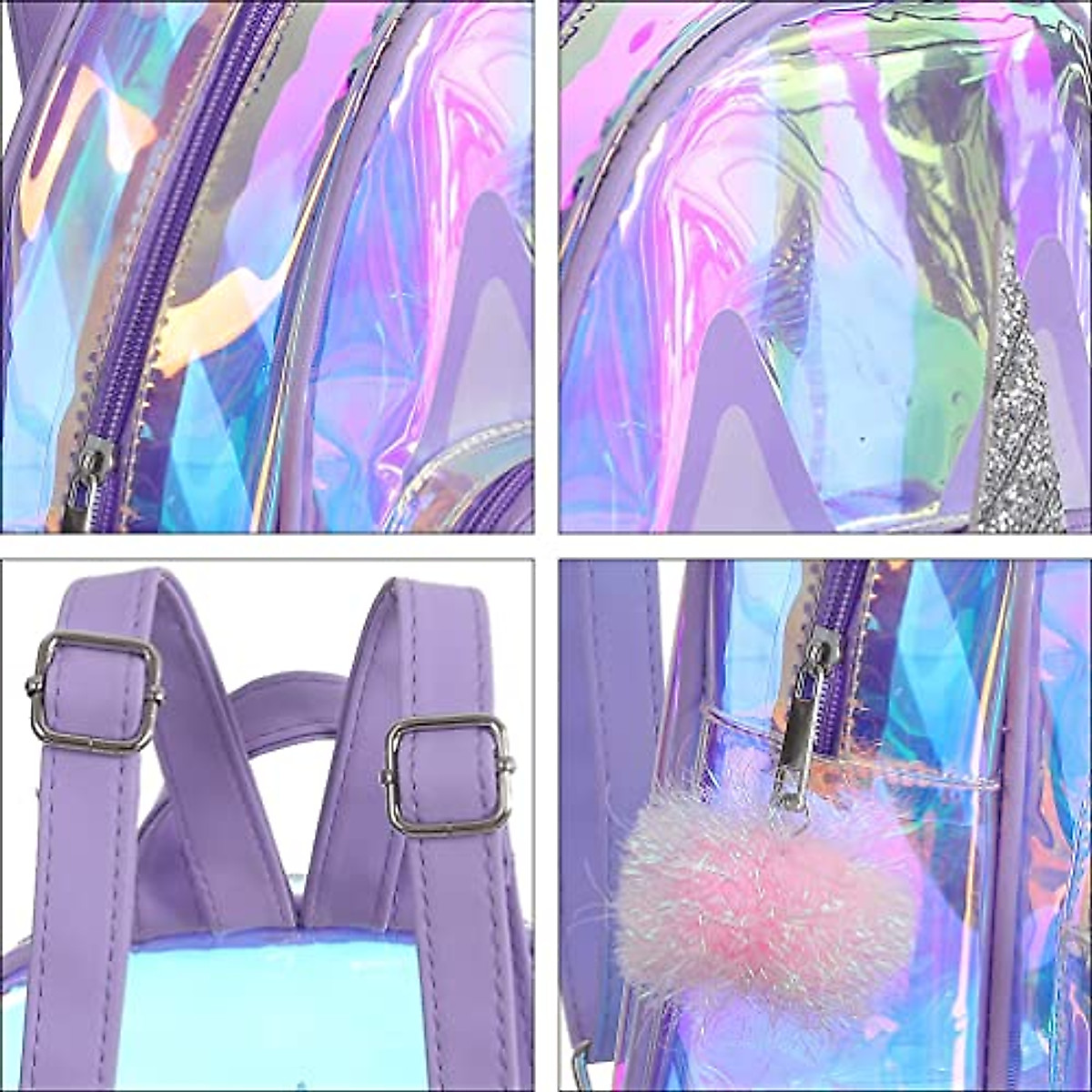 VALICLUD Clear Unicorn Backpack for Girl Holographic Backpack Clear Backpack Unicorn Transparent Backpack Clear Mini Backpack Casual Daypacks (Purple)