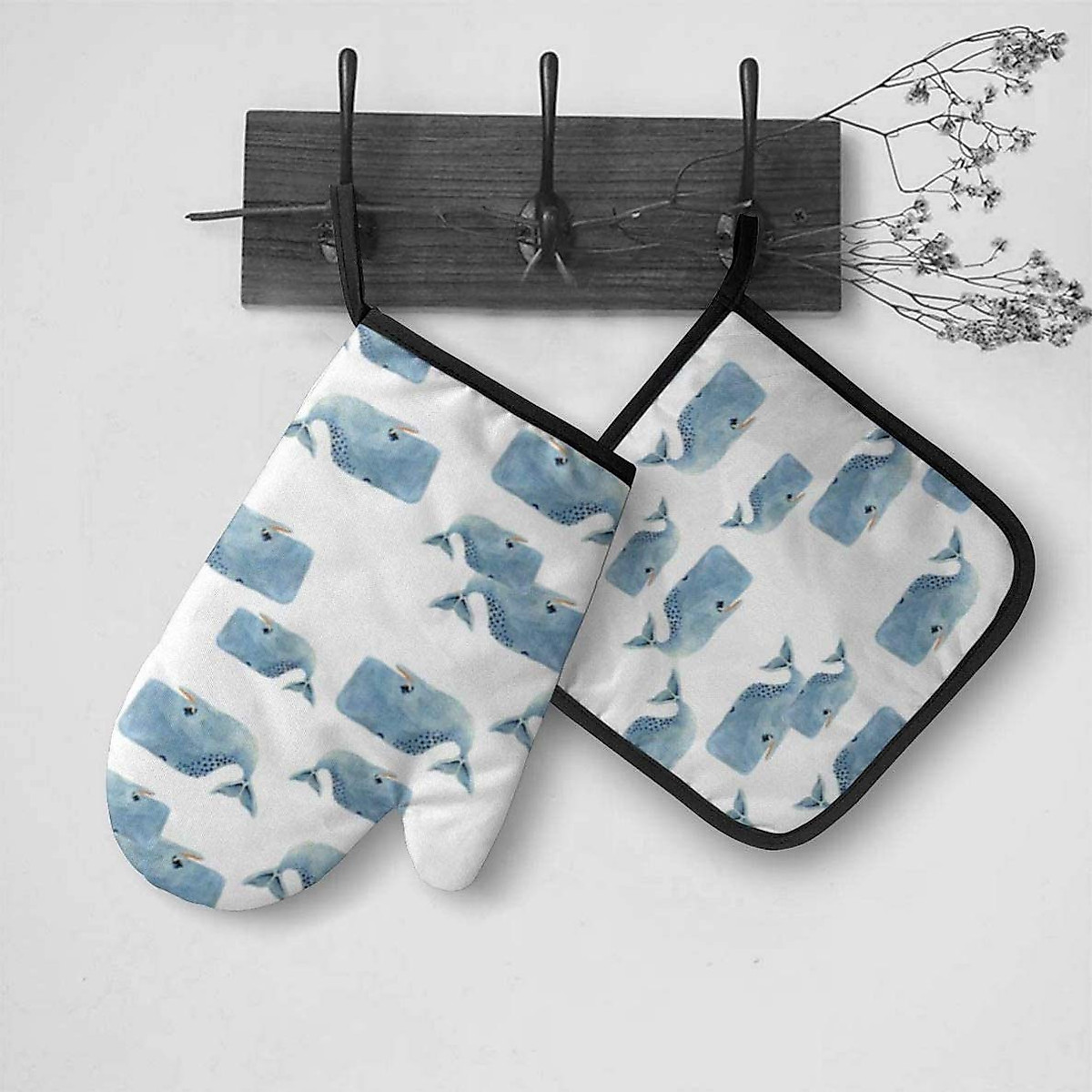 HENGE Whale Pod in Blue Oven Mitts and Pot Holders Sets of 2,Resistant Hot Pads,Flexible Cooking Oven Gloves for Microwave BBQ Cooking Baking Grilling
