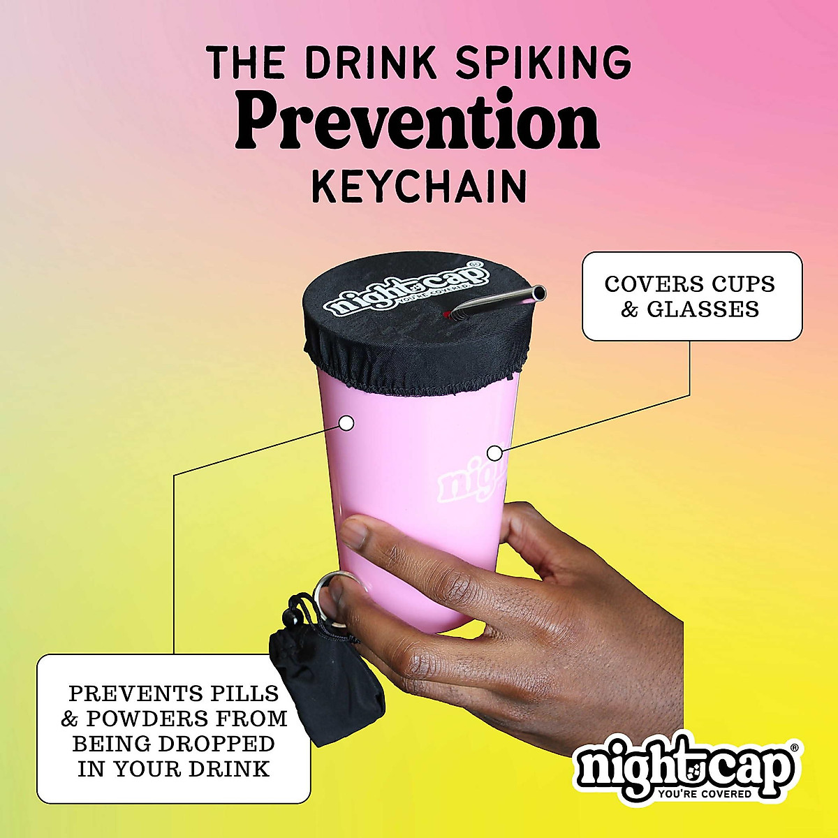 Nightcap Keychain - The Reusable Drink Spiking Prevention Accessory - Conveniently Attach the Key Ring Key Chain Pouch to Your Keys, Handbags, or Purse for Quick Access 4pk