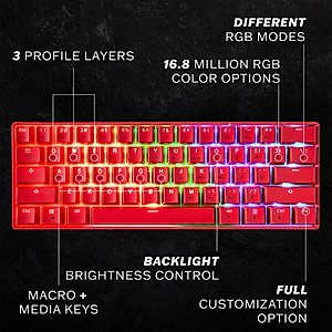 HK Gaming GK61 Mechanical Gaming Keyboard 60 Percent | 61 RGB Rainbow LED Backlit Programmable Keys | USB Wired | for Mac and Windows PC | Hotswap Gateron Optical Blue Switches | Red