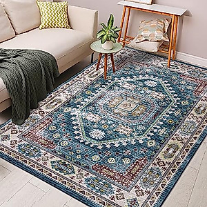 COZYLOOM 5x7 Area Rug Vintage Medallion Rug Blue Geometric Retro Rug Oriental Floral Floor Cover for Living Room Bedroom Non-Slip Tribal Home Office Rug Non-Shedding Soft Foldable Washable Rug
