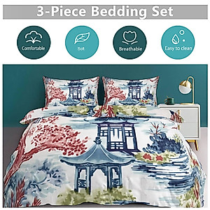 Madcolitote White Blue Coral Chinese Pagoda Duvet Cover Sets King Size Soft 3 Pieces Chinoiserie Asian Inspired Cover with Zipper Bedding Full Set with Pillow Shams