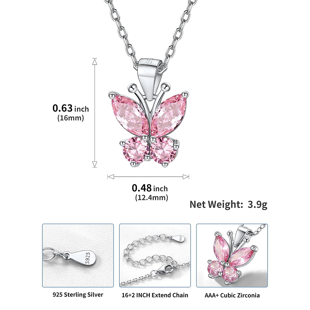 SILVERCUTE Pink Butterfly Pendant Necklace 925 Sterling Sterling Silver Cute Insect Animal Pendant & Chain for Women