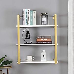 SSS Furniture 3-Tier Modern Rustic Floating Wall Shelves, 24 Inch Industrial Shelving Iron Wall Shelves,White and Gold Farmhouse Wall Bookshelf Mounted for Bedrooms Office