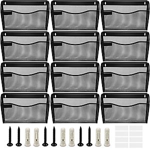 Tatuo 12 Pack Mesh Wall Mounted File Holder Hanging File Organizer Vertical Wall File Organizer Holder Rack for Office and Home, Black (with Label Panel)