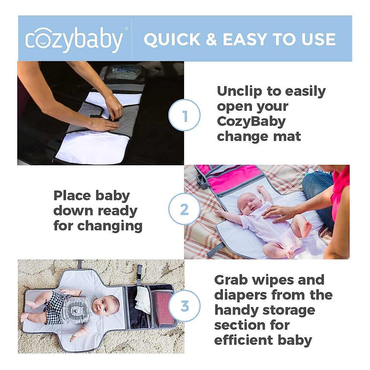 CozyBaby's On-The-Go Diaper Changing Pad (Gray) - Waterproof Padded Diaper Changing Mat with Convenient Storage Compartment Plus Handy Travel Strap & Folds into Easy to Carry Pouch