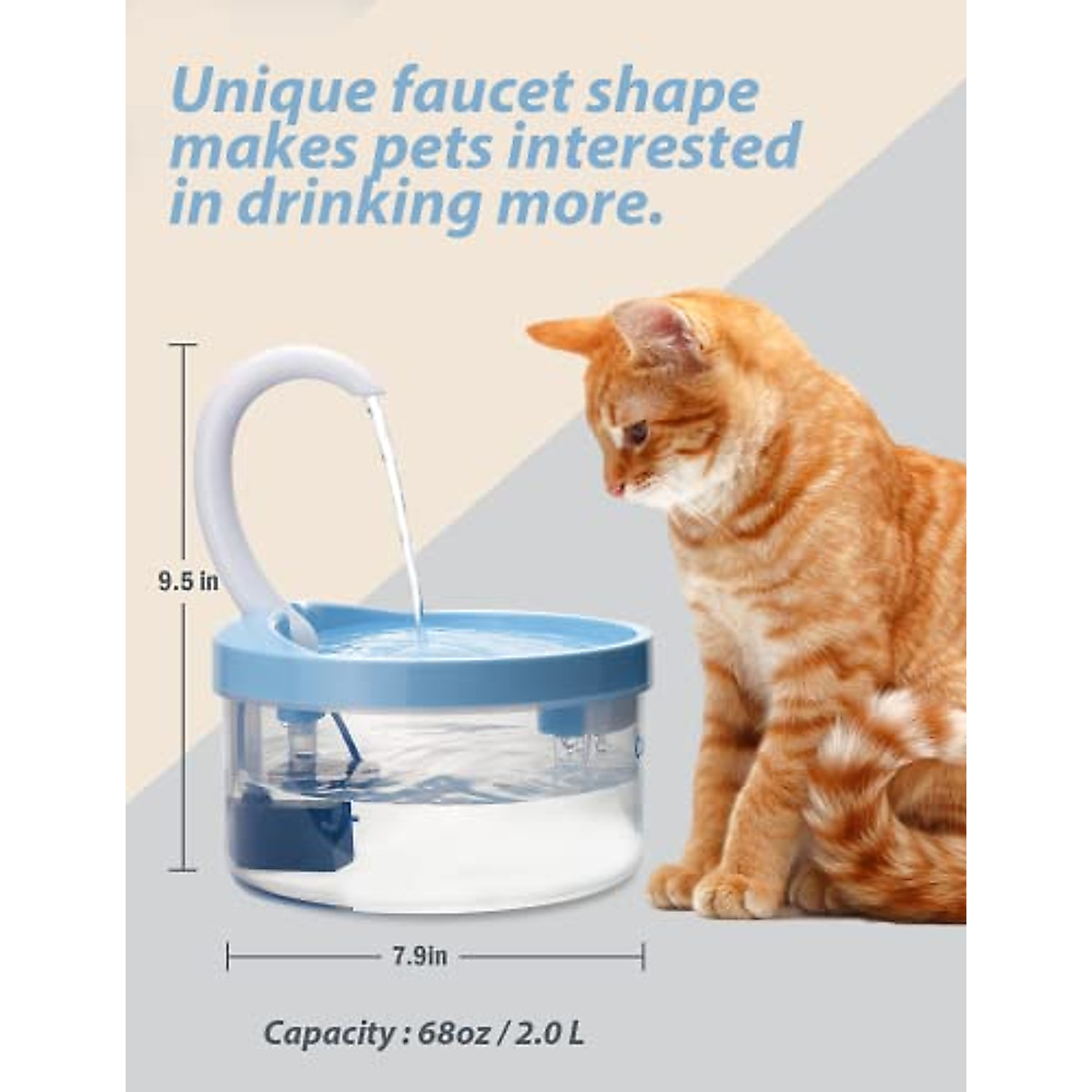 Rosfim Cat Water Fountain, 68 oz/2,0L LED Pets Dispenser Dog Water Fountain, Ultra Quiet Automatic Dog Drinking Fountain for Cat and Dog