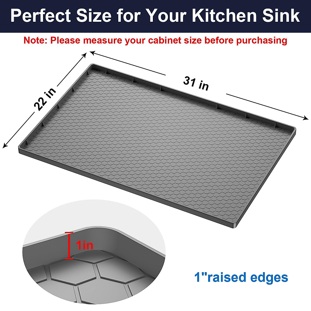 Under Sink Mat - 31" x 22" Waterproof Kitchen Cabinet Mat - Flexible Silicone Under Sink Liner - Kitchen Bathroom Cabinet Mat and Protector for Drips Leaks Spills (Gray)
