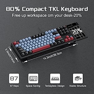 Compact 80 Percent Mechanical Gaming Keyboard, Wired tkl Mechanical Keyboard with Brown Switches, Ice Blue Backlit Keyboard 87 Keys for Windows Mac PC, Black Blue