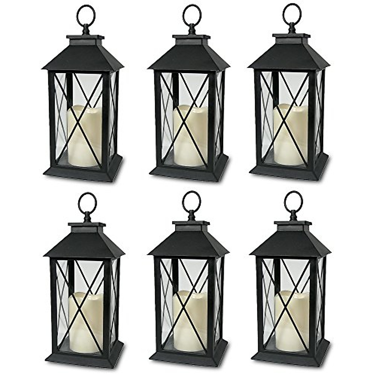 Decorative Black Lantern with Cross bar Design - LED Flickering Flameless Pillar Candle with 5 Hour Timer Included - Indoor/Outdoor Lantern - 13" - Pack of 6