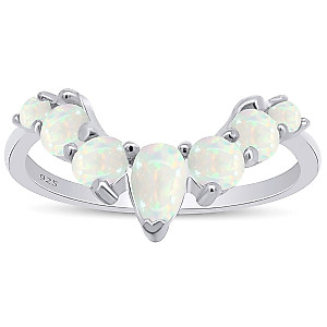 AFFY Seven Stone Design, Dainty 14k White Gold Plated 925 Sterling Silver Pear And Round Cut Created Opal Stackable Wedding Ring Jewelry For Womens Ring Size -6