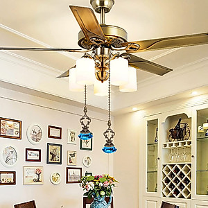 2pcs Light Blue Crystal Fan Pull Diamond Drop Vintage Pull Chain Ceiling Pull Chain Extender with Connector