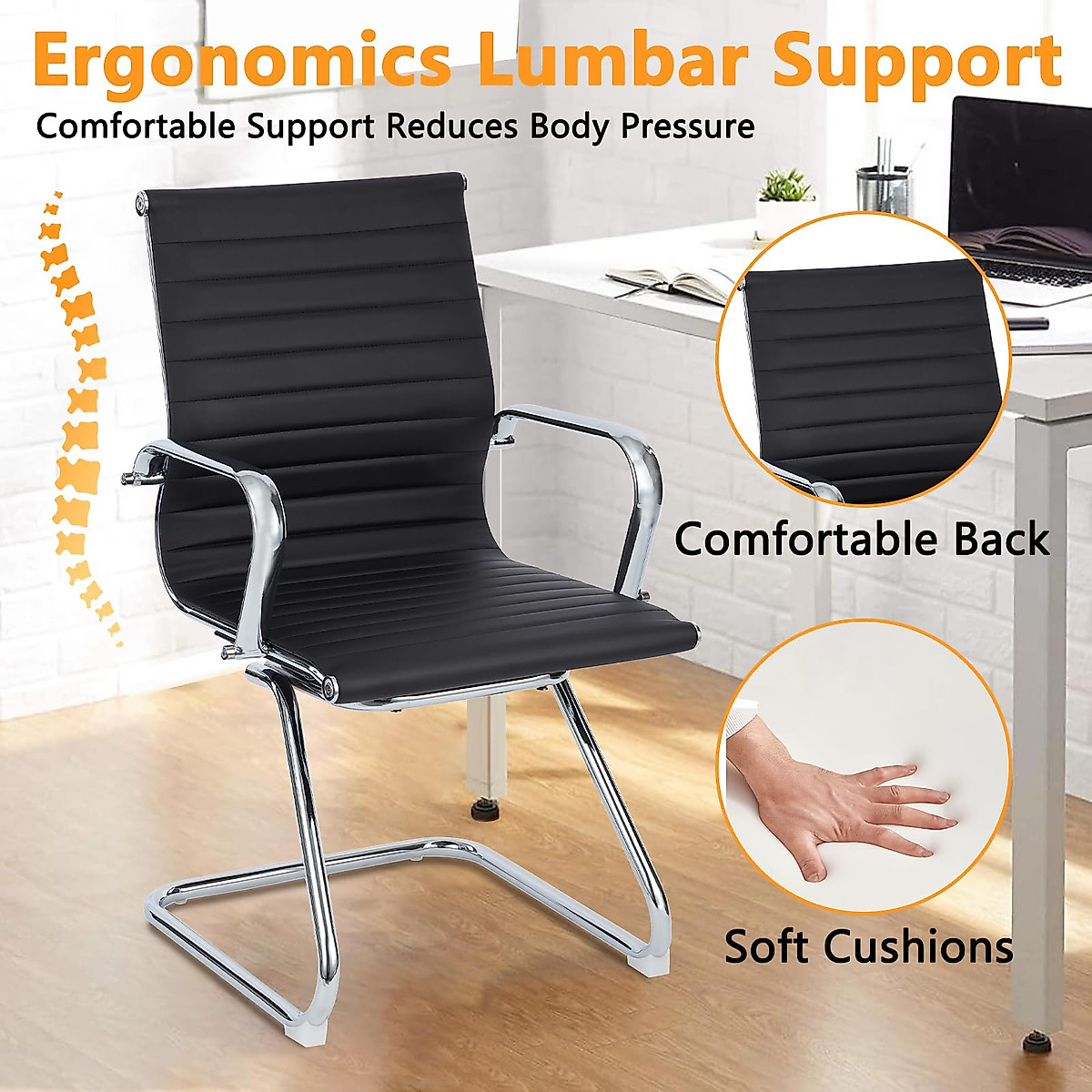 Office Guest Chair Meeting Room Chair Leather Folding Reception Chair Without Wheel with Sled Base for Waiting Room Conference Room Living Room Home Office (2 Pack)