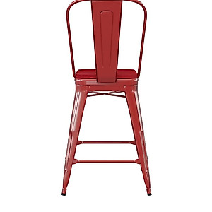 Flash Furniture Kai Commercial 24" High Indoor-Outdoor Counter Height Stool - Red Galvanized Steel Frame - Red Square All-Weather Poly Resin Seat - Removable Back