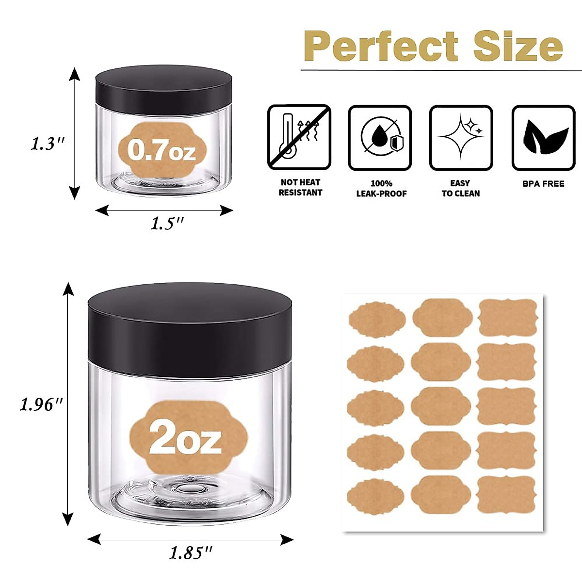 2oz Plastic Jars Round Cosmetic Containers with Lids | 20 Gram Clear Small Sample Containers (Set of 48) for Cream, Body Butter, Eye Shadow, Rhinestone, Lip Scrub, Travel - Labels & Spatulas