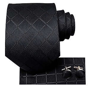 Hi-Tie 3/5 Pcs Gift Box Mens Tie Set Necktie with Pocket Square and Cufflinks Silk Neck Tie Collection,Black