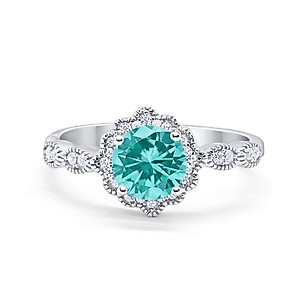 Blue Apple Co. Paraiba Tourmaline CZ Size-12 Art Deco Ring 10mm Round CZ Halo Floral Ring Marquise Vintage Style Statement Wedding Engagement Rings For Women 925 Sterling Silver Gifts For Her