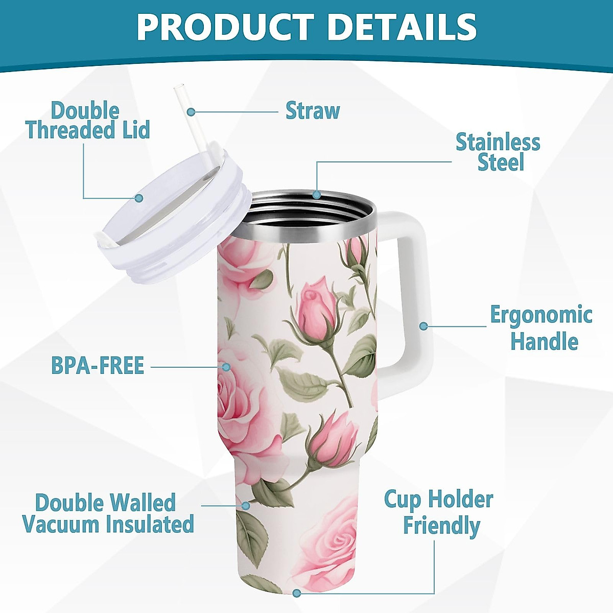 30 oz Chic Pink Rose Insulated Tumbler with Handle, Stainless Steel Vacuum Water Bottles with Lid and Straw for Water, Iced Tea or Coffee