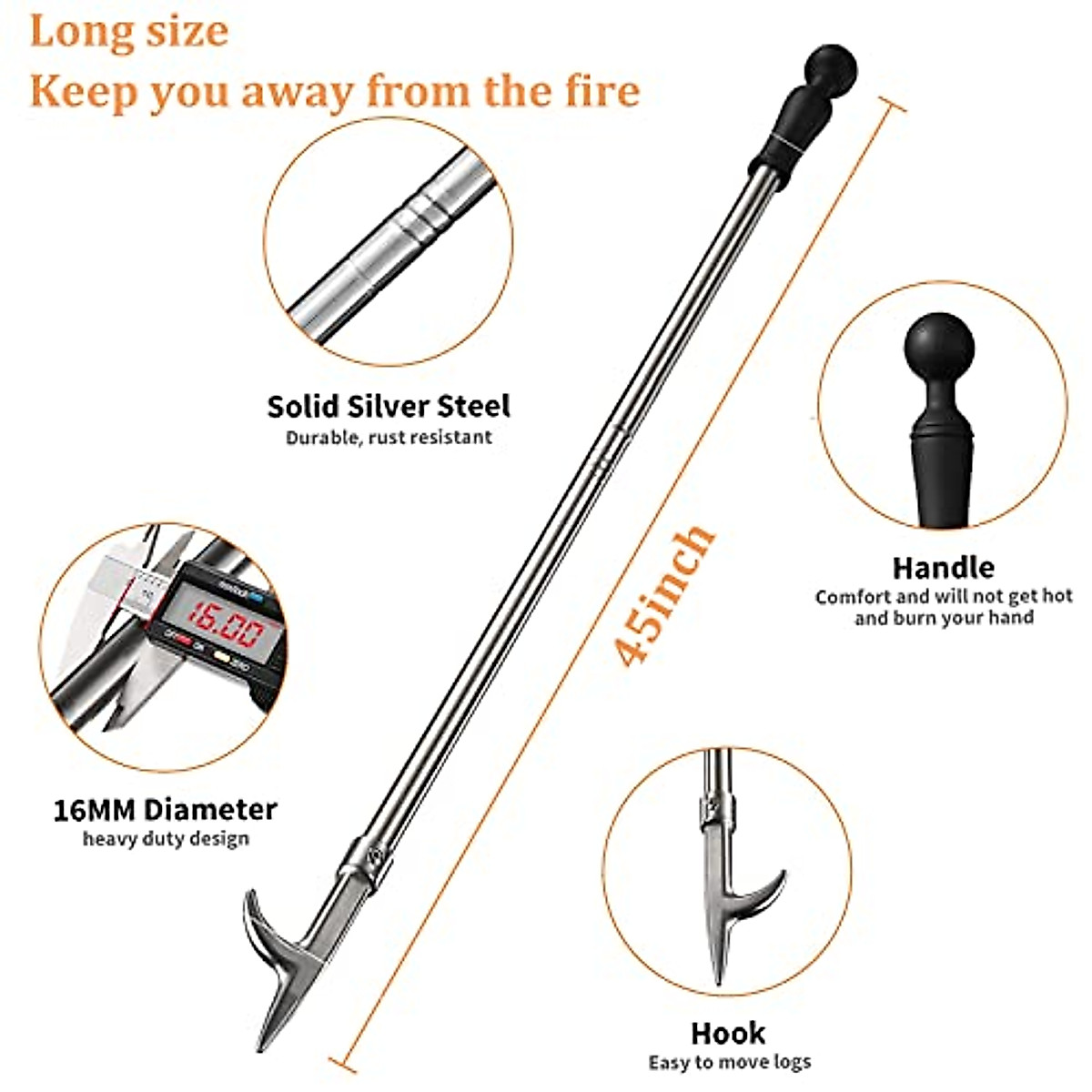 Long Fireplace Poker, 31 Inch Fire Pit Poker Stainless Steel Rod and Heavy Duty Wrought Iron Head with Heat Resistant Handle, Indoor and Outdoor Camping Tool（Silver）
