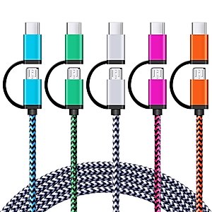 USB Type C Cable 5Pack 6Ft USB C 2in1 Cable [Micro USB & Type C] Nylon Braided Fast Charger Cord for Samsung Galaxy S24 FE S23 S22 S21 S20 S10e S9 Note20 10, LG V60 V50 V30 G8, Pixel 8a 8 7 6 Pro 5a 4