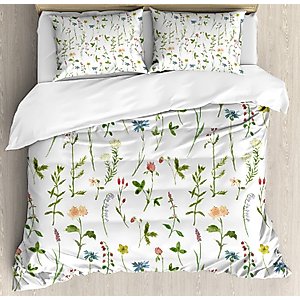 Ambesonne Floral Duvet Cover Set, Spring Season Themed Watercolors Painting of Herbs Flowers Botanical Garden Artwork, Decorative 3 Piece Bedding Set with 2 Pillow Shams, Queen Size, Ivory