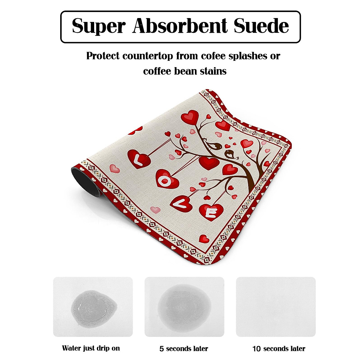 Valentines Day Dish Drying Mat for Kitchen Counter, Super Absorbent Quick Dry Coffee Bar Mat Pad Thin Diatomaceous Sink Mat Non Slip Dish Drainer Mat 12''x16'' Romantic Love Heart Tree Red