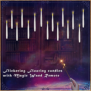 ZLIEC Halloween Decorations, 20 pcs Floating Candles with Magic Wand Remote, Flickering Warm Light, Hanging Flameless Taper Candles, Battery Operated Window Candle, Theme Party Decor, Birthday Gift