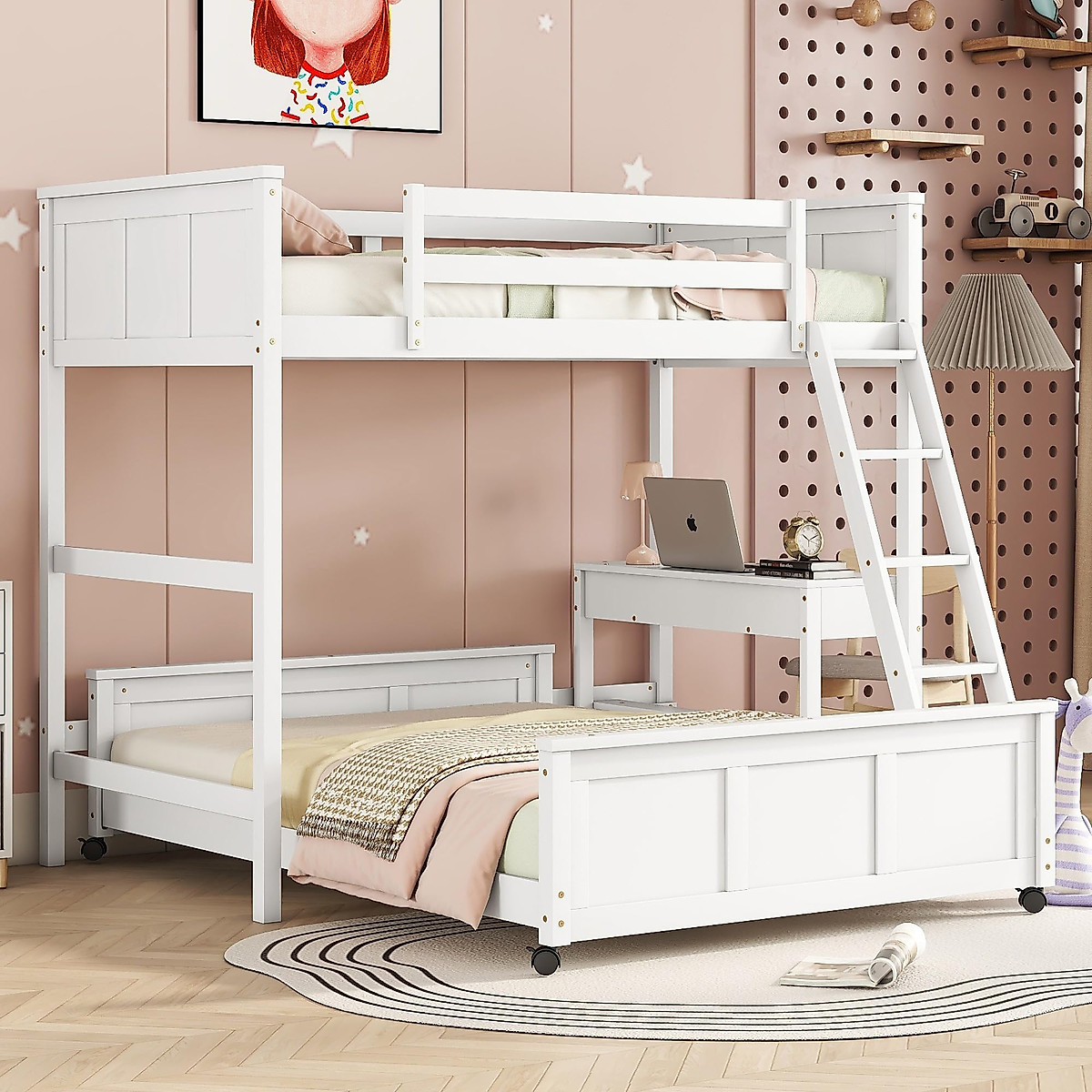 Harper & Bright Designs Twin Over Full Bunk Beds with Desk and Drawers, Wood Twin Size Loft Bed with Removable Full Platform Bed Frame, Bunk Bed with Ladder for Kids Girls Boys, White