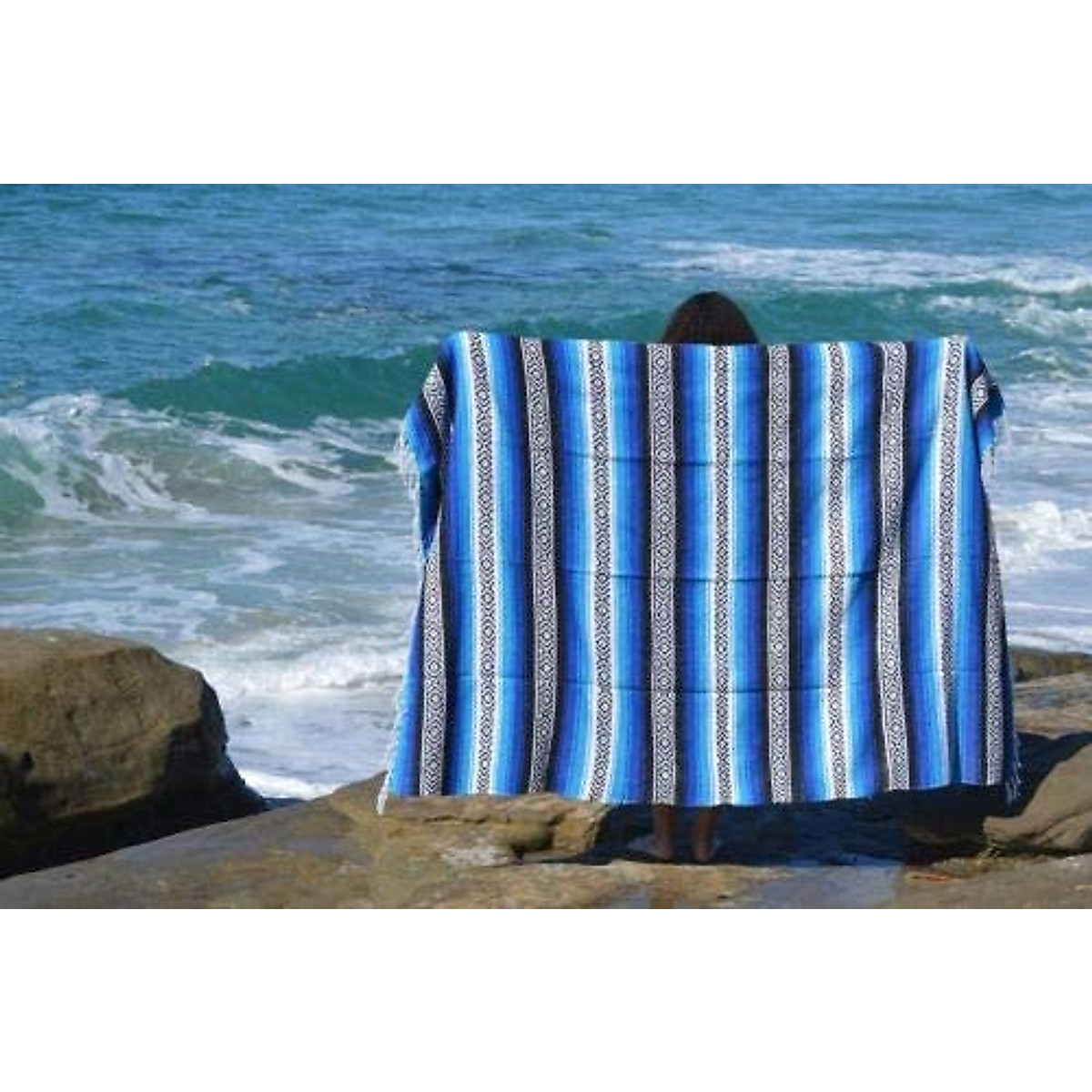 Galaxy Reborn Mexican Blanket Handwoven 82 x 54 XLarge Heavyweight Falsa in Caribbean Blue Beachy Throw