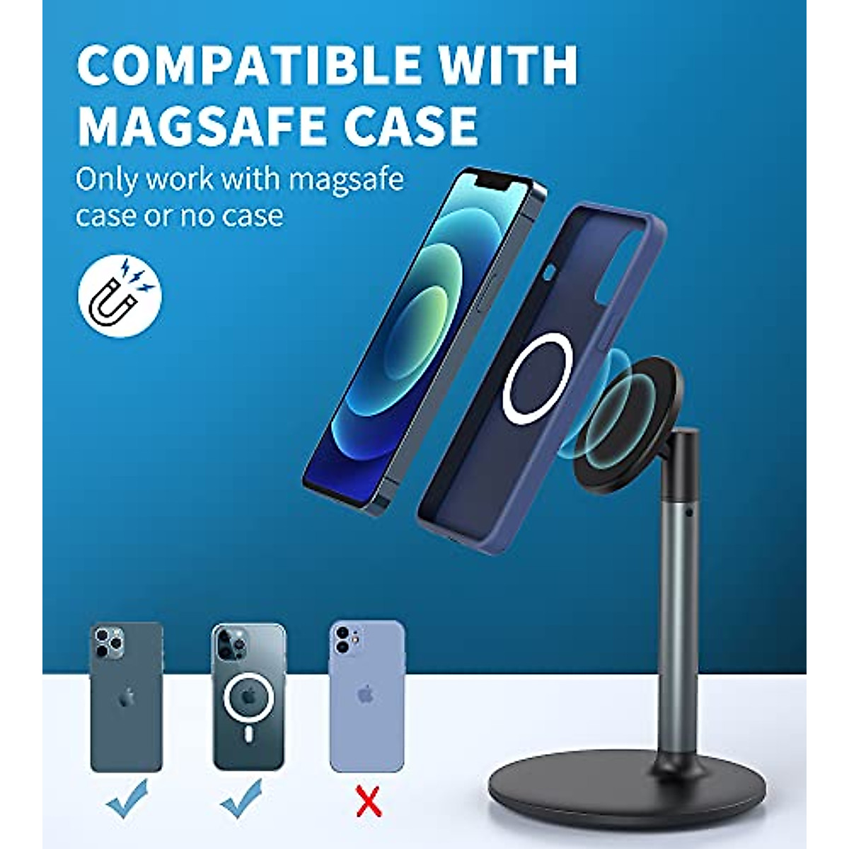 Magnetic Desk Phone Stand for iPhone 14/13/12 - Phone Holder Dock with 360°Rotation, Height&Tilt Adjustable for Office/Home Compatible with iPhone 14 Plus 13 12/13 12 Mini/13 12 Pro Max,Mag-Safe Case