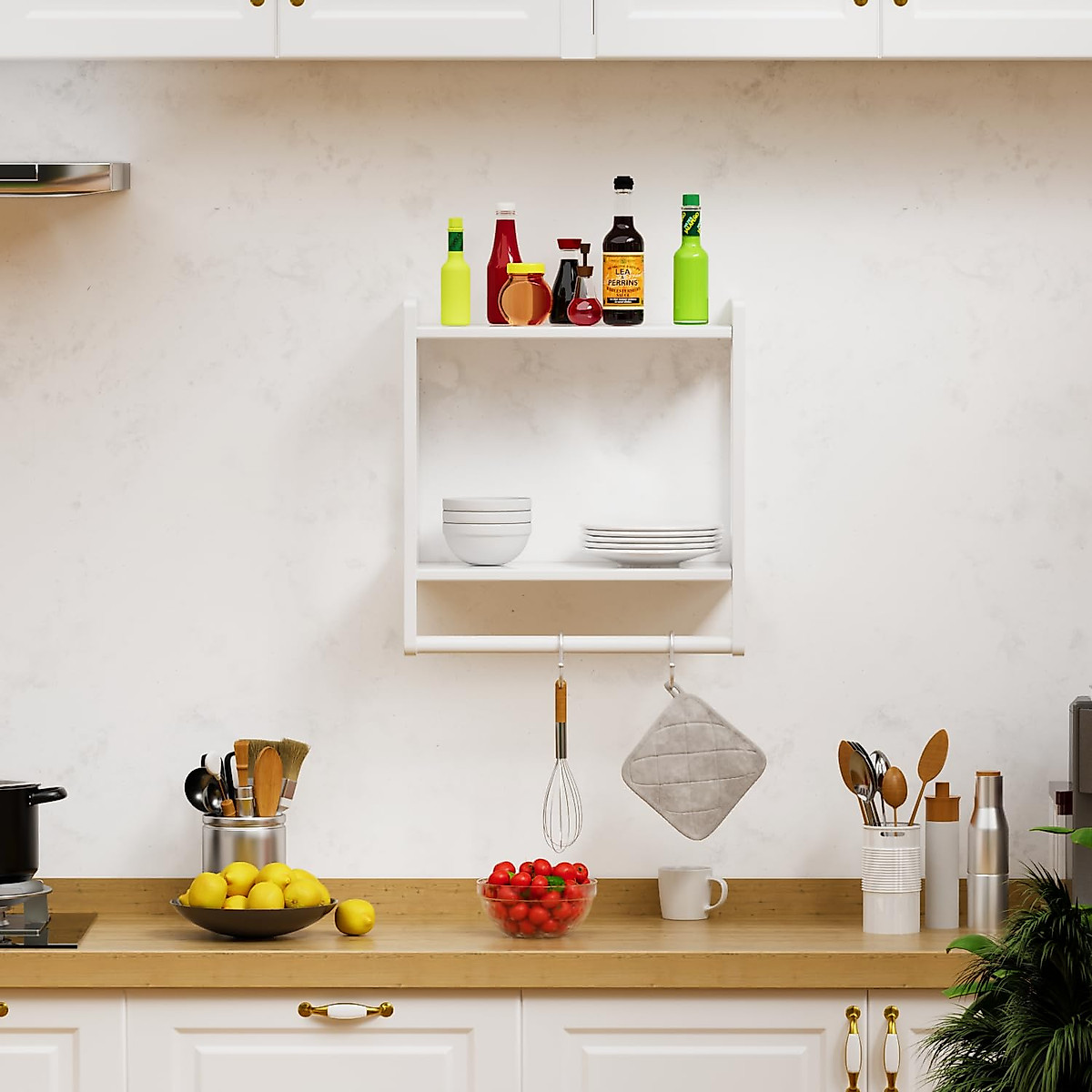 ADREMAN Bathroom Shelf Wall, Over The Toilet Storage Shelves Bamboo Bathroom Shelf Organizer Floating Wall Mounted with Hook and Hanging Rod for Bathroom,Kitchen,Toilet,Living Room (White)