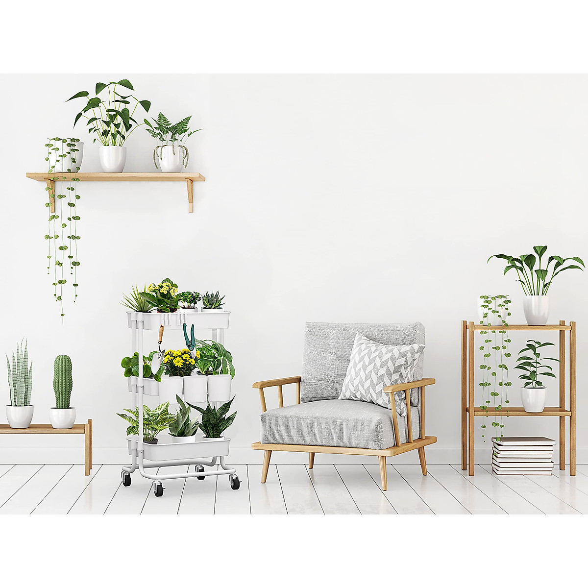 CAXXA 3-Tier Rolling Storage Organizer with 3 Small Baskets - Mobile Utility Cart with Caster Wheels (White)
