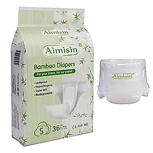 Aimisin Bamboo Disposable Baby Diapers Plant-Based Biodegradable Soft Absorbent Diapers for Babies Hypoallergenic for Sensitive Skin (S(5-16Lbs)-36ct)