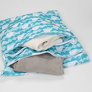 MyKazoe Waterproof Wet Bag Two Zippered Pockets & Multipurpose Drawstring Bag (Blue Whales)