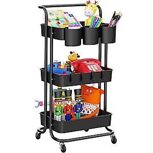 3-Tier Rolling Mobile Utility Cart with Hanging Cups & Hooks & Handle Multifunctional Organizer Storage Trolley Service Cart with Wheels Easy Assembly for Office, Bathroom, Kitchen (Black)