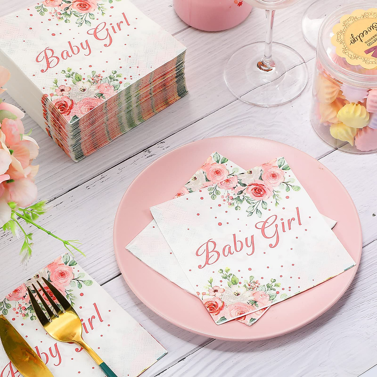 100PCS Baby Girl Napkins Disposable Baby Shower Napkins for Girl Baby Shower Paper Beverage Napkins Baby Girl Shower Party Decorations for Gender Reveal, Birthday, Bridal Shower Party Table Supplies