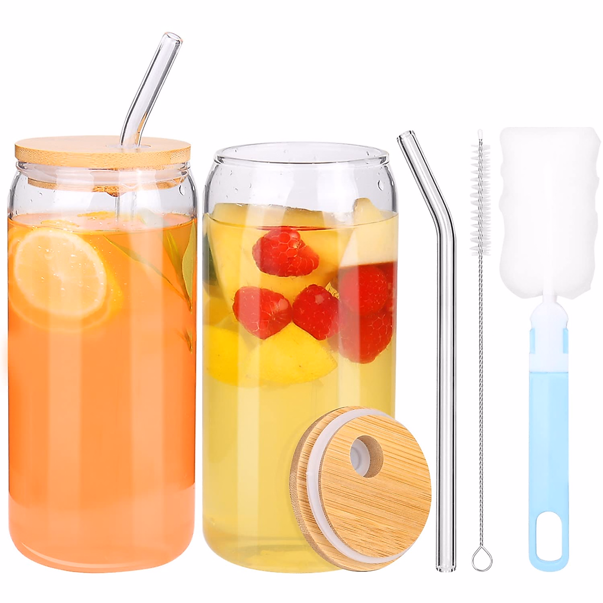2Pack 16OZ Glass Cups with Lids and Straws ，Smoothie Cup Glass Tumbler with Straw and Lid,Iced Coffee Cup with Lids and Glass Straws ，for Coffee Bar Accessories，Juice, Boba, Smoothie, Tea, Kombucha