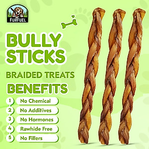 FURFUEL Braided Bully Sticks for Dogs, (3 Count, 12 Inch) Natural Long-Lasting Dog Chew for Large, Medium & Small Breeds, Perfect for Training & Sensitive Stomachs
