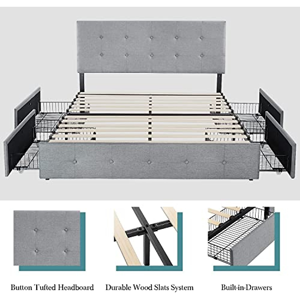 HOOMIC King Size Platform Bed Frame with 4 Storage Drawers, Adjustable Headboard with Square Stitched Button Tufted Design, Wooden Slats, No Box Spring Needed, Noise Free, Easy Assembly, Light Grey