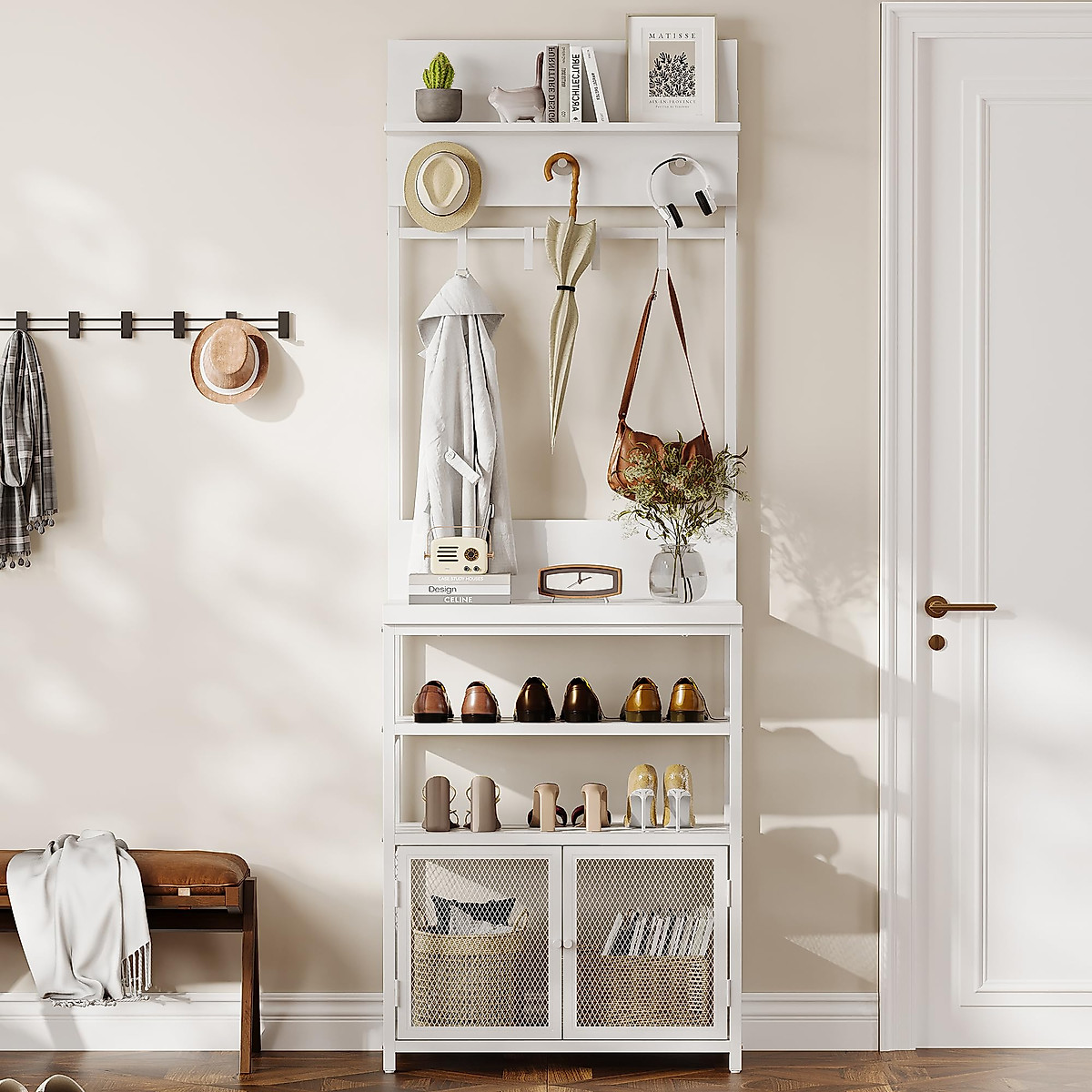 IDEALHOUSE Hall Tree with Doors White 72.8in Coat Rack Shoe Storage Narrow Coat Tree Shoe Shelf Organizer with 7 Hooks for Entryway Bedroom and Mudroom